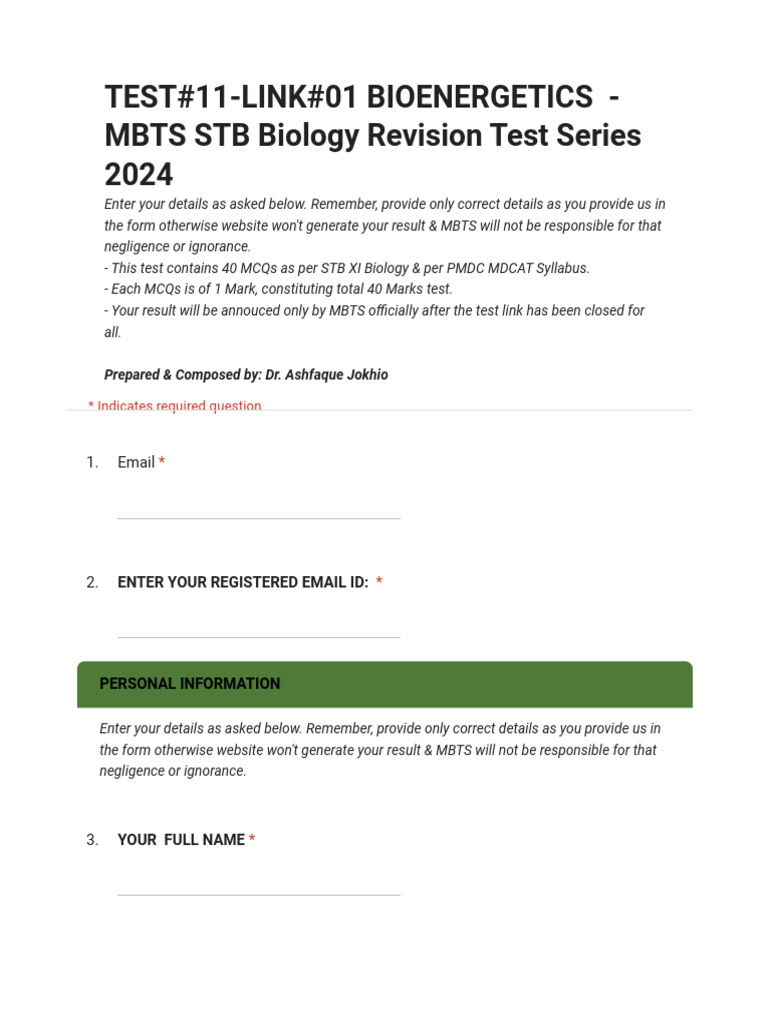 Test#11 Bioenergetics - MBTS - Ashfaque Jokhio | PDF | Cellular ...