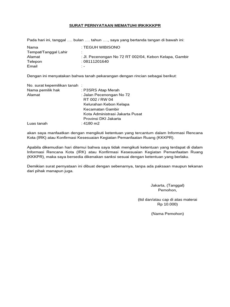 Surat Pernyataan Mematuhi IRK, KKKPR (PP16 Tahun 2021 Lampiran 3) | PDF
