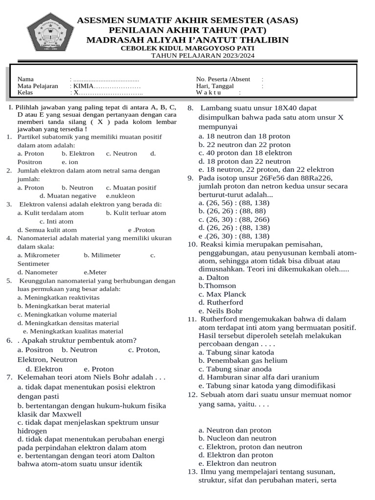 Pat Kimia 2023-2024 | PDF