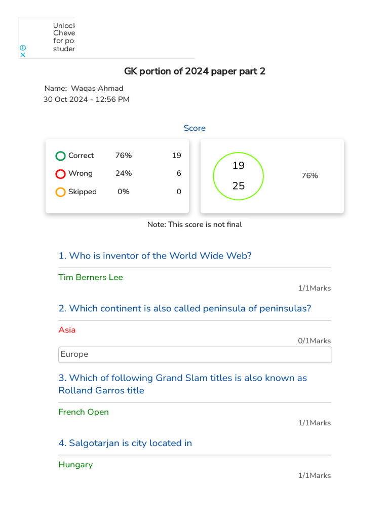 GK Portion 2024 Papers Quiz | PDF