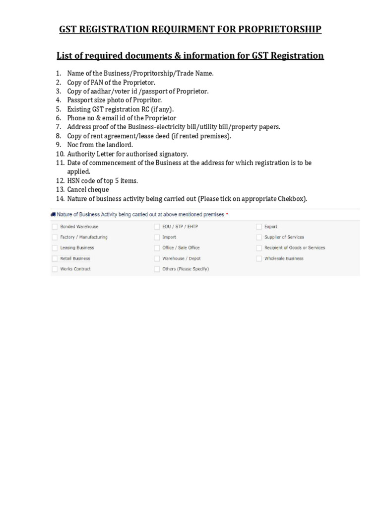 GST Registration Documents for Proprietorship | PDF
