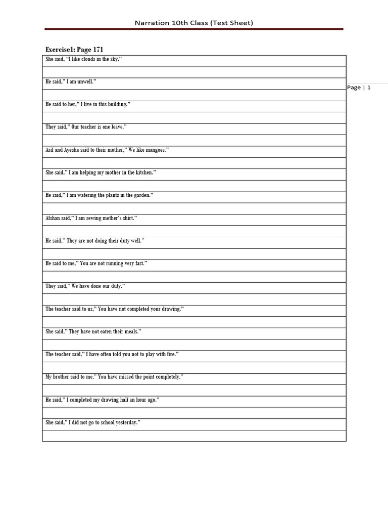 Class 10 Narration Exercises Sheet | PDF