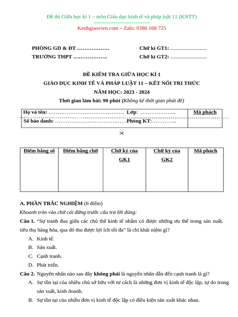 Demo de Thi Ghk1 GDKTPL 11 KNTT | PDF