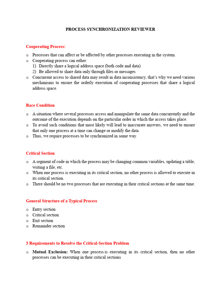 Process Synchronization Reviewer 065012 | PDF | Computing | Concurrency (Computer Science)