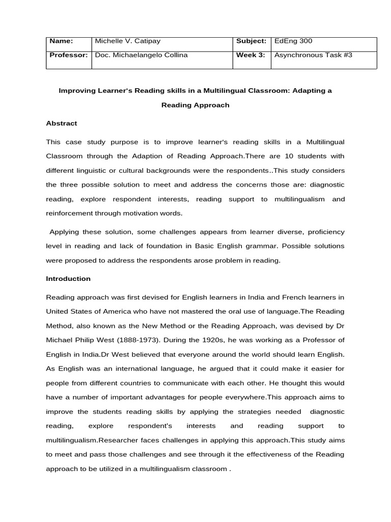 CATIPAY, MICHELLE V. Asynchronous Task 3 (CASE STUDY) | PDF | Learning ...