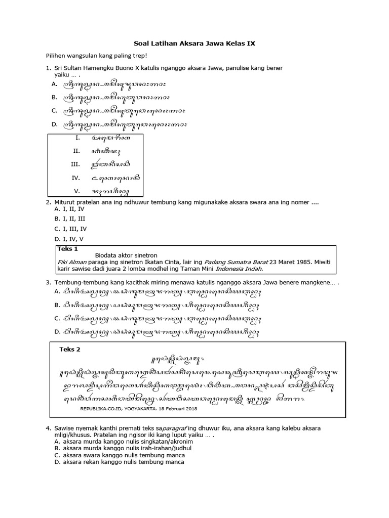 Soal Latihan Aksara Jawa Kelas 9 | PDF