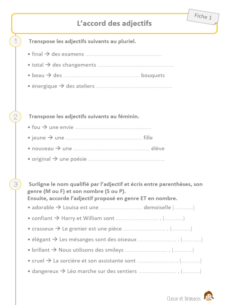 Accord des adjectifs en CE1 et CM1 | PDF | Vert | Graphisme