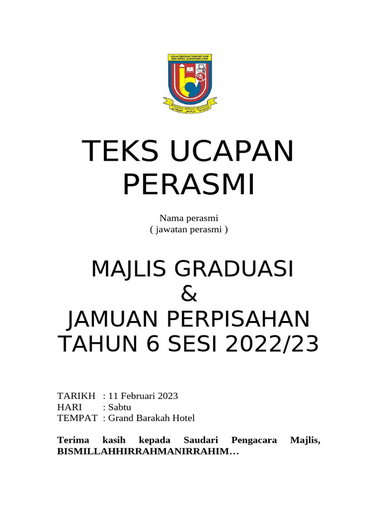Teks Ucapan Majlis Graduasi Tahun 6 Sktbi | PDF