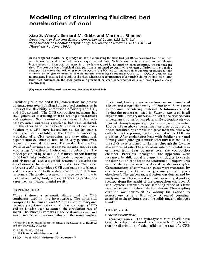 Modelling of Circulating Fluidized Bed Combustion of Coal: Xiao S. Wang, Bernard M. Gibbs and ...