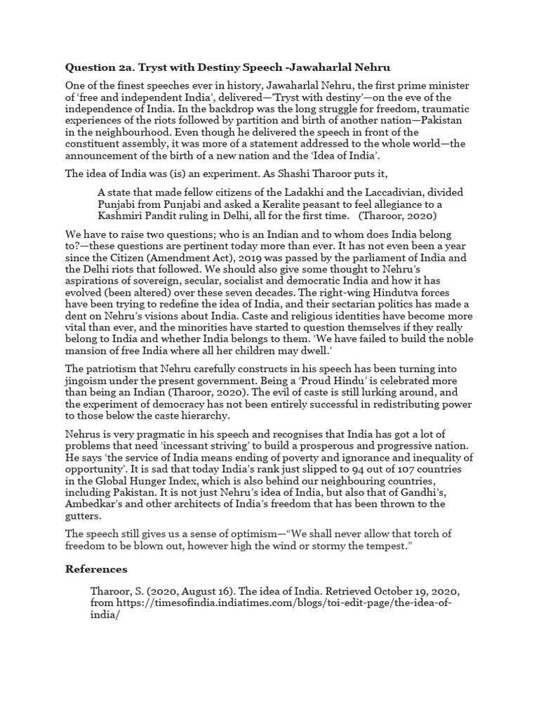 Tryst With Destiny Speech - Jawaharlal Nehru | PDF | Jawaharlal Nehru | Politics Of India