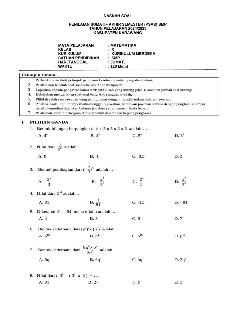 Format Naskah Soal, Kunci Dan Kisi-Kisi Psas 2425 | PDF