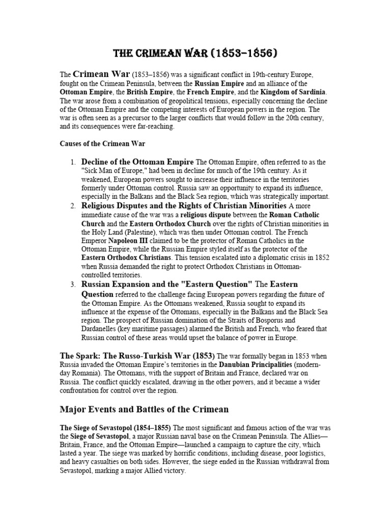 Overview of the Crimean War (1853-1856) | PDF | Crimean War | Russian ...