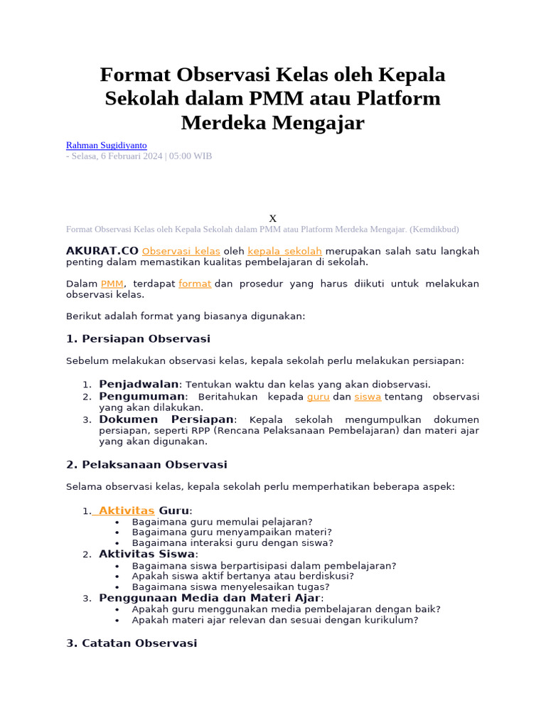 Format Observasi Kelas Oleh Kepala Sekolah Dalam PMM Atau Platform Merdeka Mengajar | PDF ...