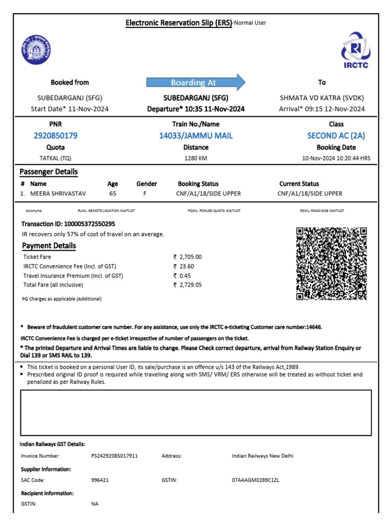 14033/JAMMU MAIL Second Ac (2A) | PDF | Identity Document | Payments