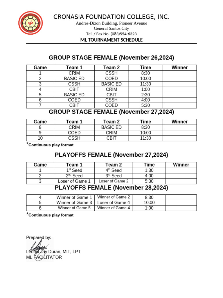 2024 ML Tournament Schedule - Female | PDF