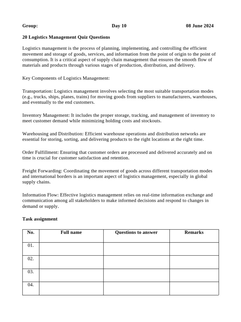 20 Logistics Management Quiz Questions | PDF | Logistics | Warehouse