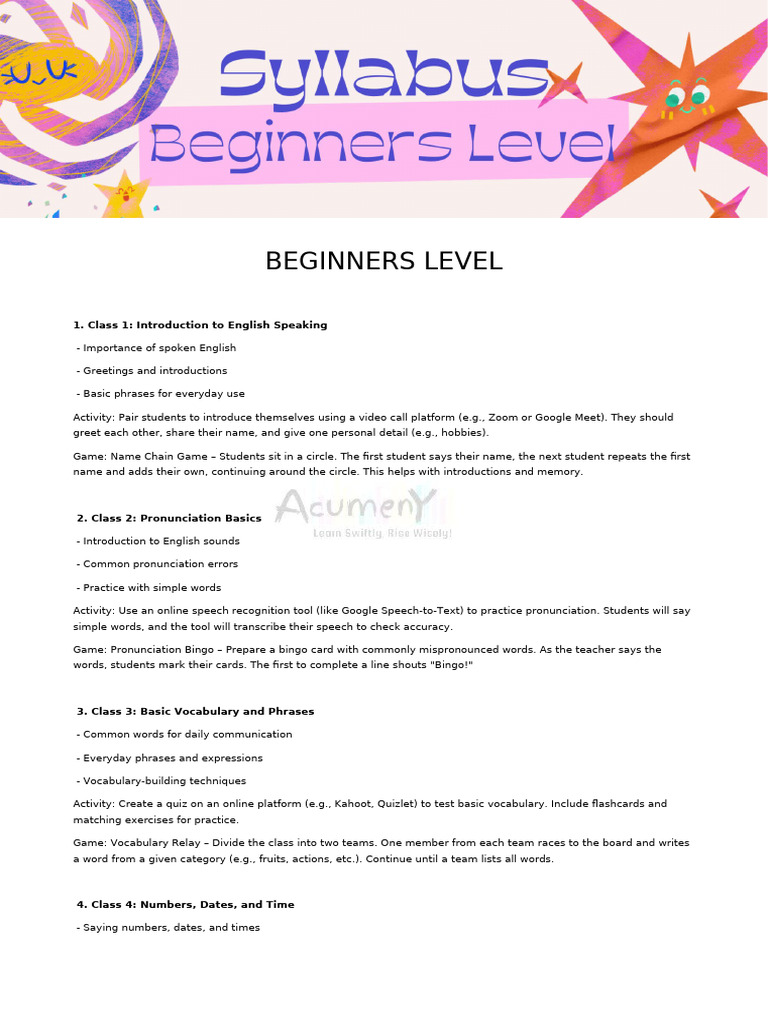 Syllabus - Beginners Level | PDF | Adjective | Pronoun