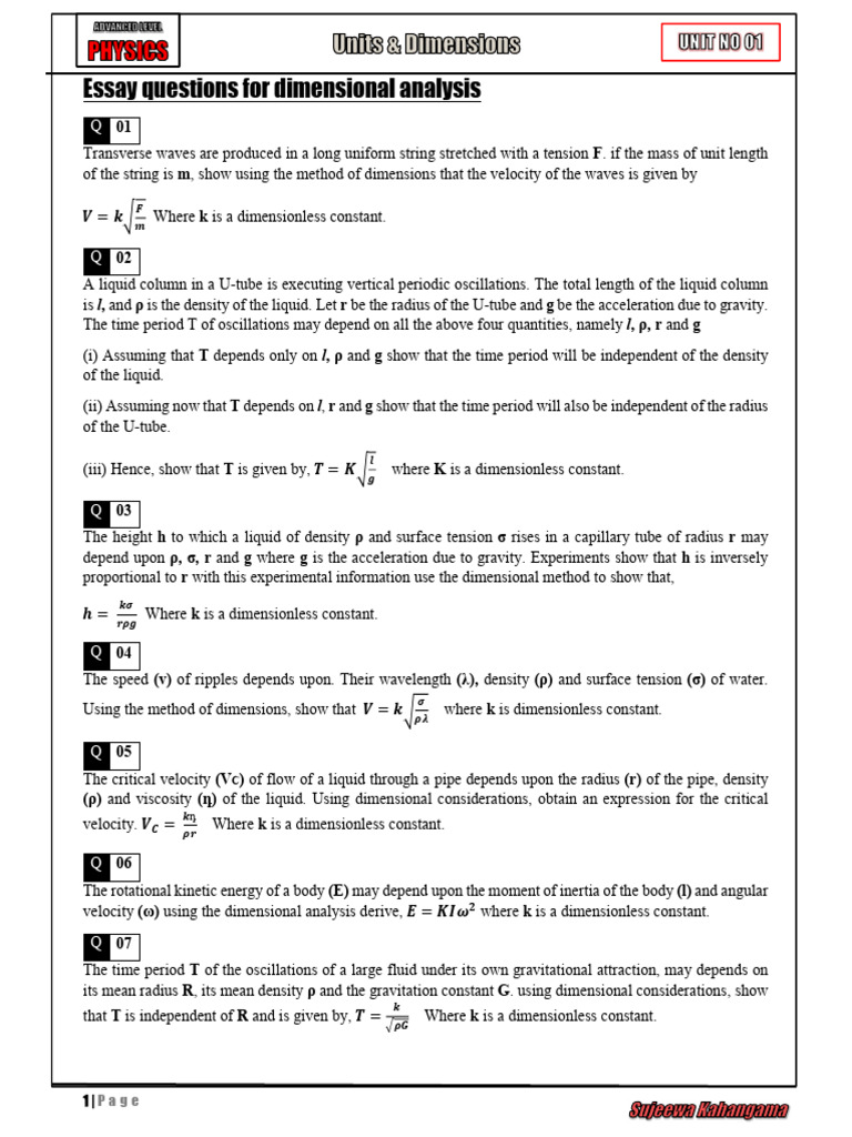 Essay Questions For Dimensional Analysis | PDF | Velocity | Waves