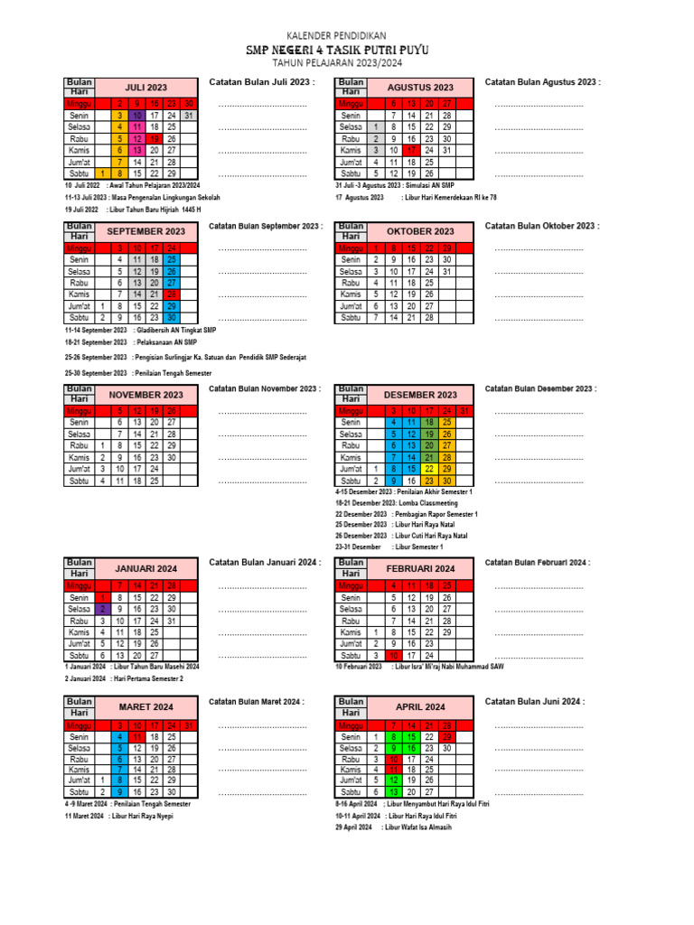 Kalender Pendidikan SMPN 4 TPP 2023 2024 | PDF