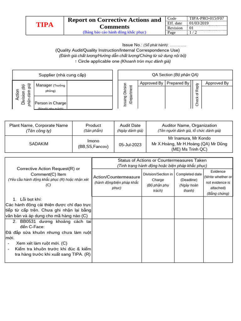 7.TIPA-PRO-015-F07-01 Report On Corrective Actions and Comments | PDF