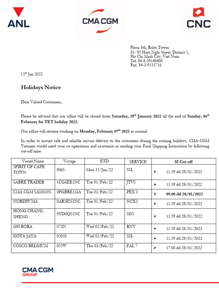 SI Cut-Off Notice For TET Holiday 2022.pdf 1801 | PDF | Shipping ...