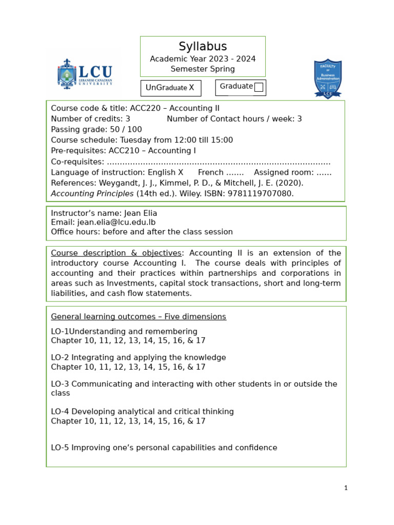 Syllabus ACC220 Accounting II Spring 2023-24 Jean Elia | PDF | Bonds ...