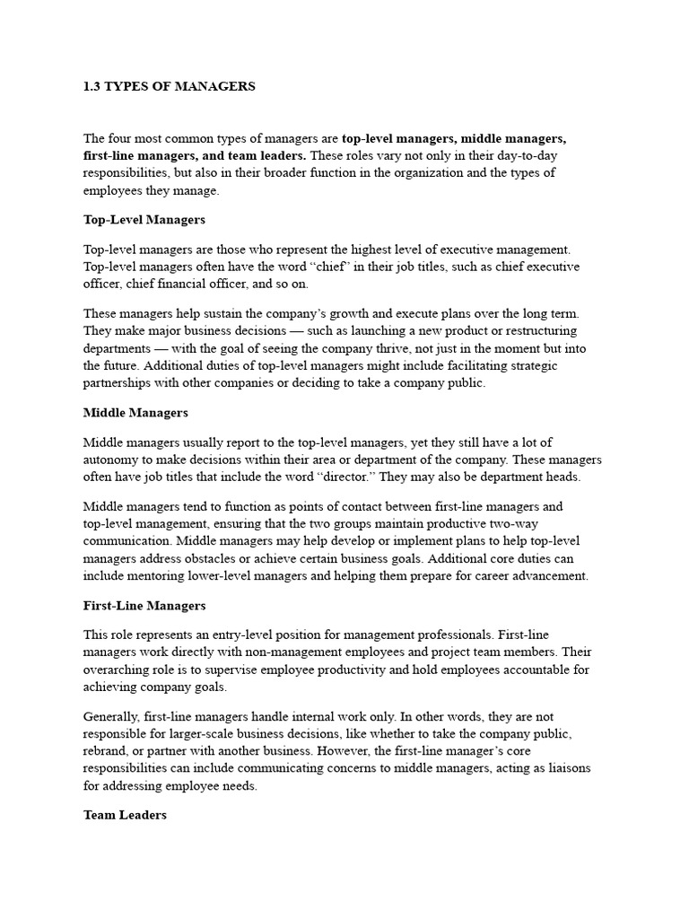 Types of Managers in Organizations | PDF | Communication | Skill