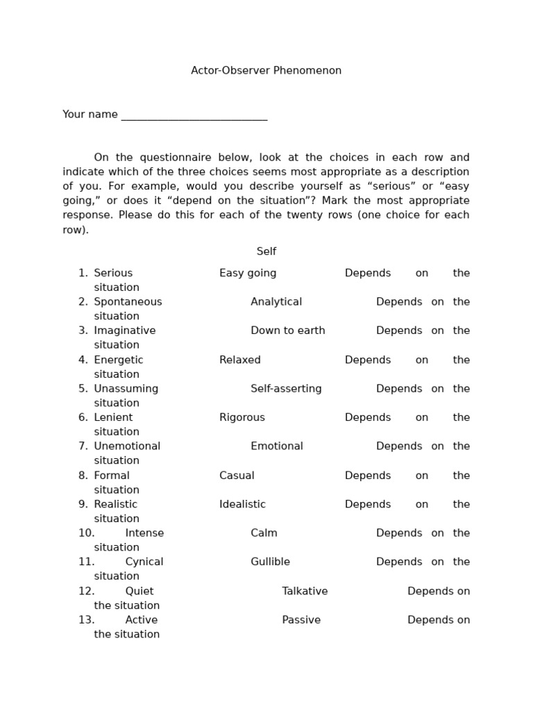 Exercise On Actor-Observer Phenomenon | PDF | Psychology ...
