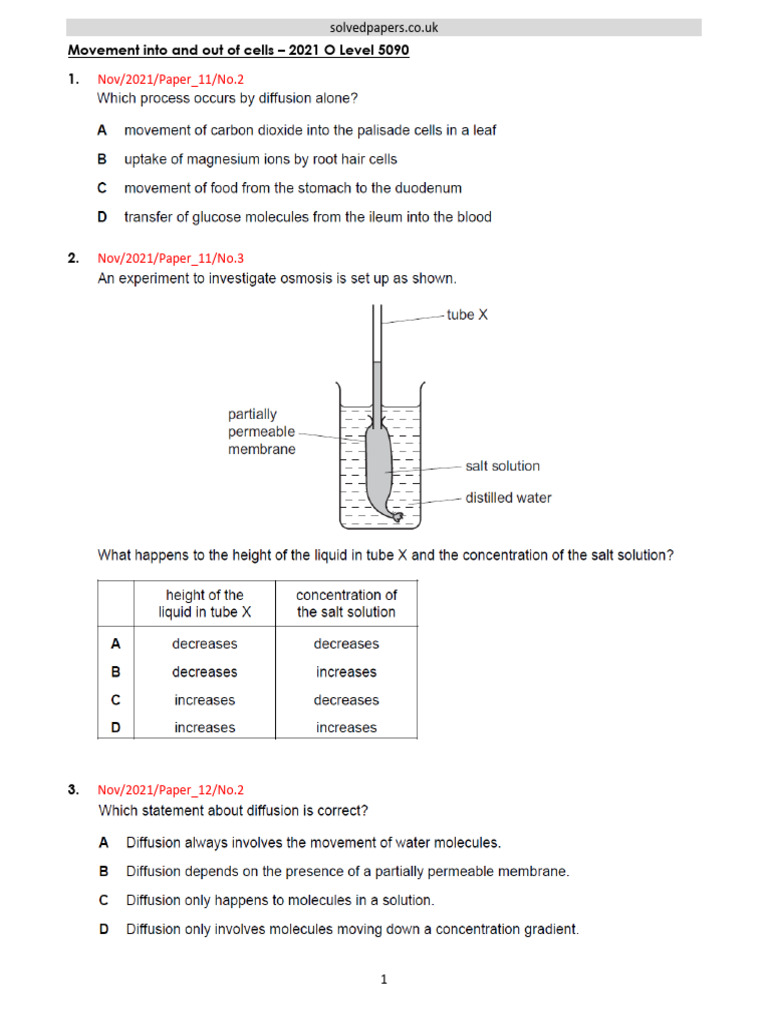 2021 Movement Into and Out of Cells O Level 5090 | PDF
