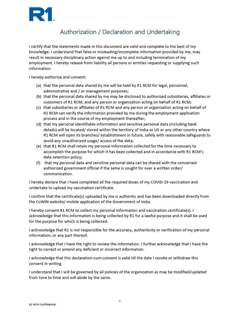 R1 RCM Authorization and Consent Form | PDF | Data | Privacy
