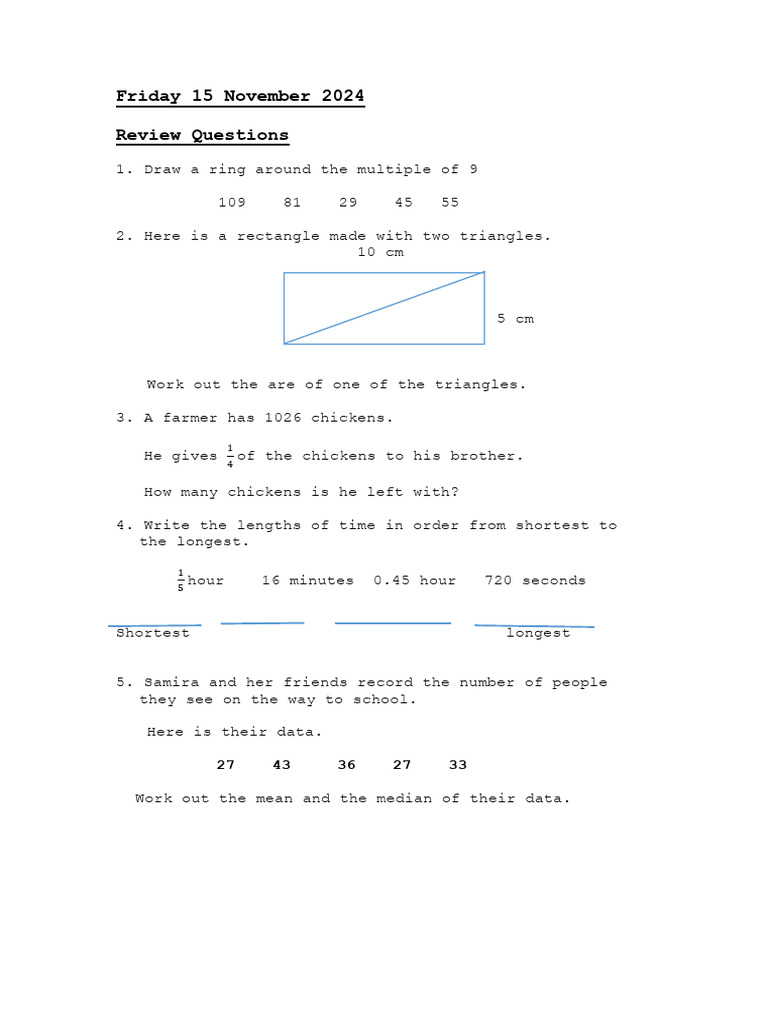 Grade 6 Maths Review Questions | PDF