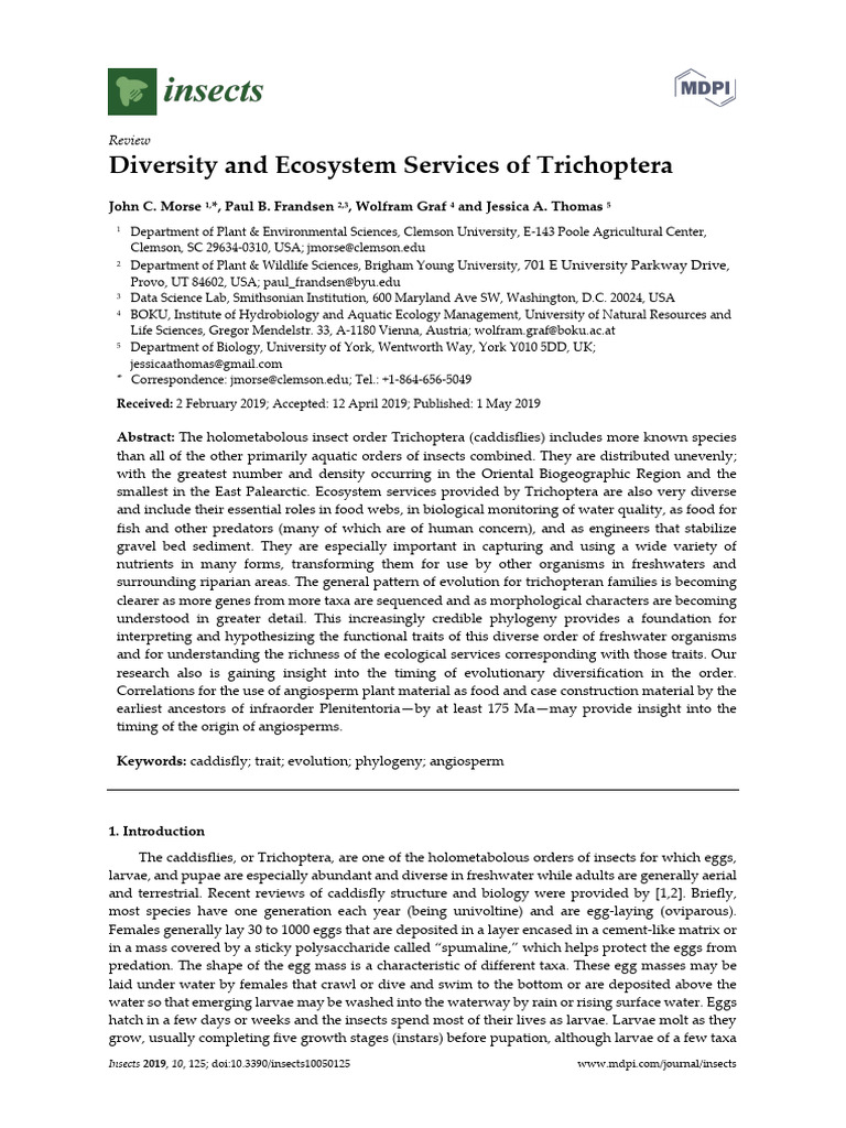 Diversity and Ecosystem Services of Trichoptera 2019 | PDF | Pupa | Ecology