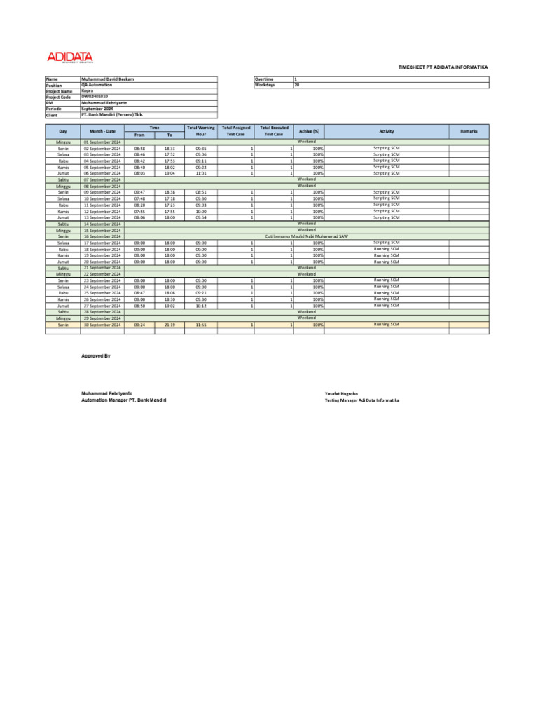 (Muhammad David Beckam) - Daily Timesheet September 2024 | PDF