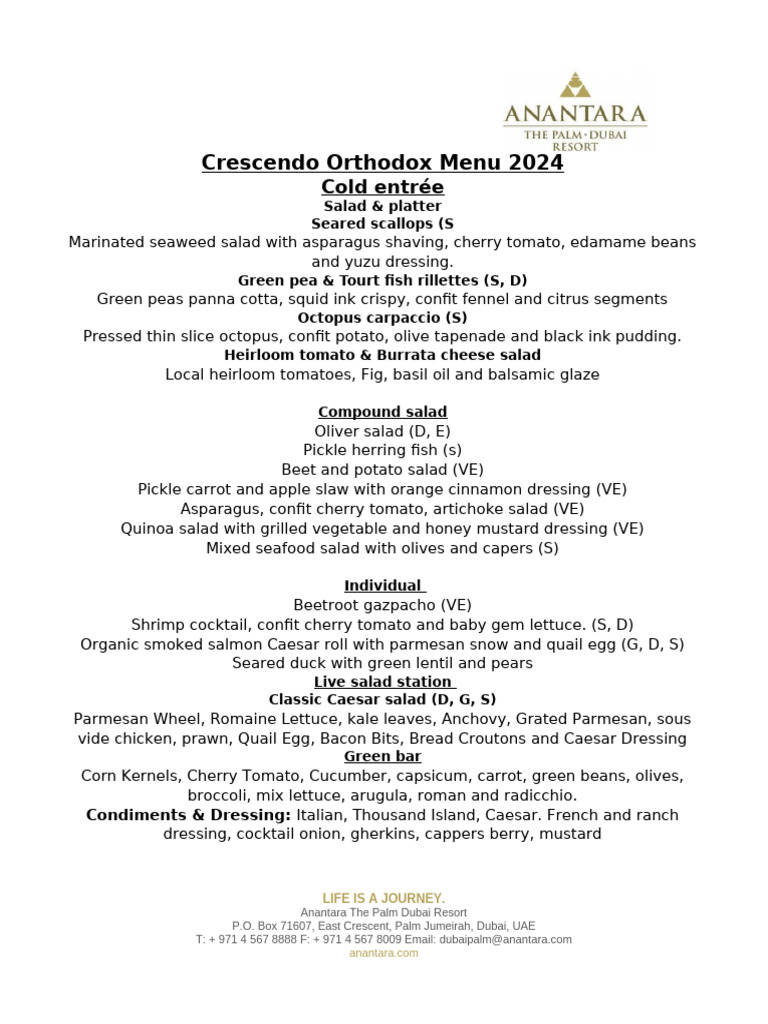 Anantara Dubai Resort 2024 Menu Highlights | PDF | Sauce | Salad