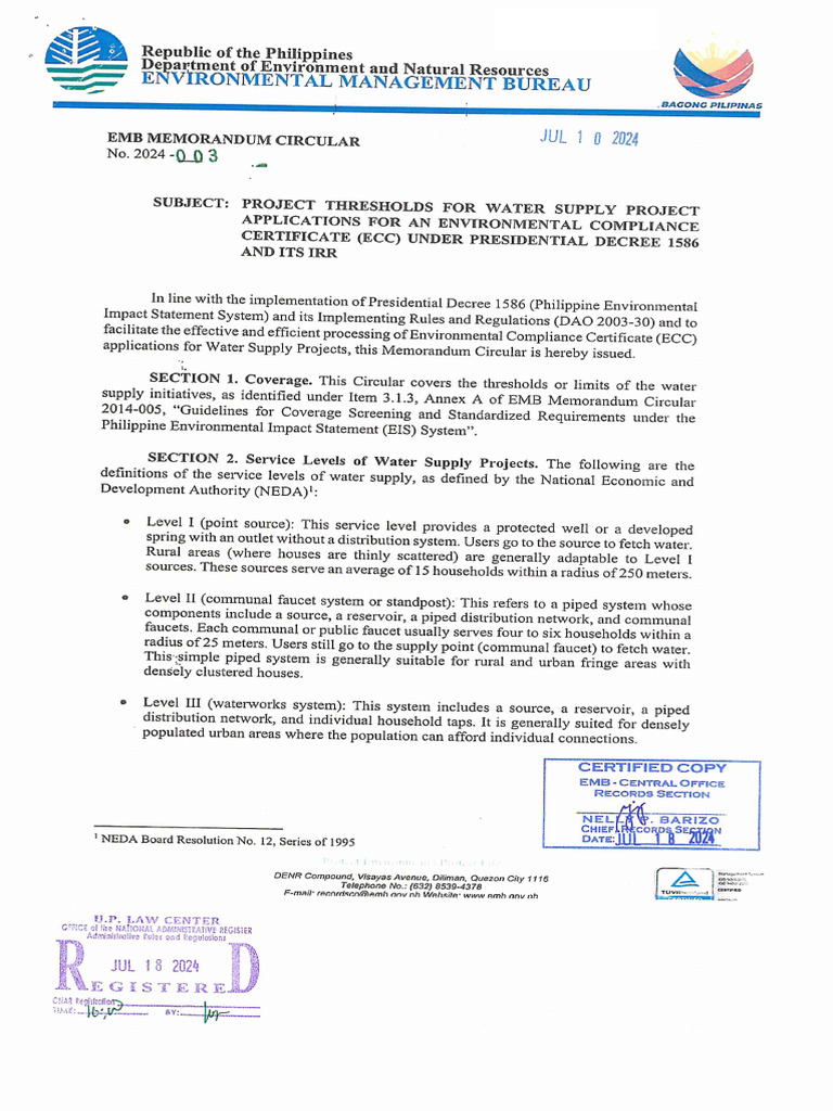 EMB MC 2024 003 - Project Thresholds For Water Supply Project ...