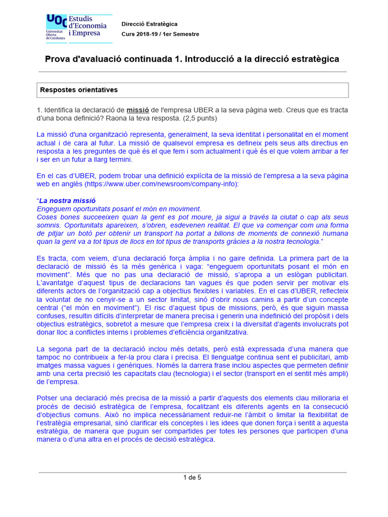 Dirección Estrategica - Pec1 - 2018 - 19 - 1S - Sol | PDF