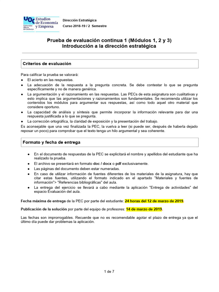 Dirección Estrategica - Pec1 - 2018 - 19 - 2S - Sol | PDF | Transportador de bajo costo | Business