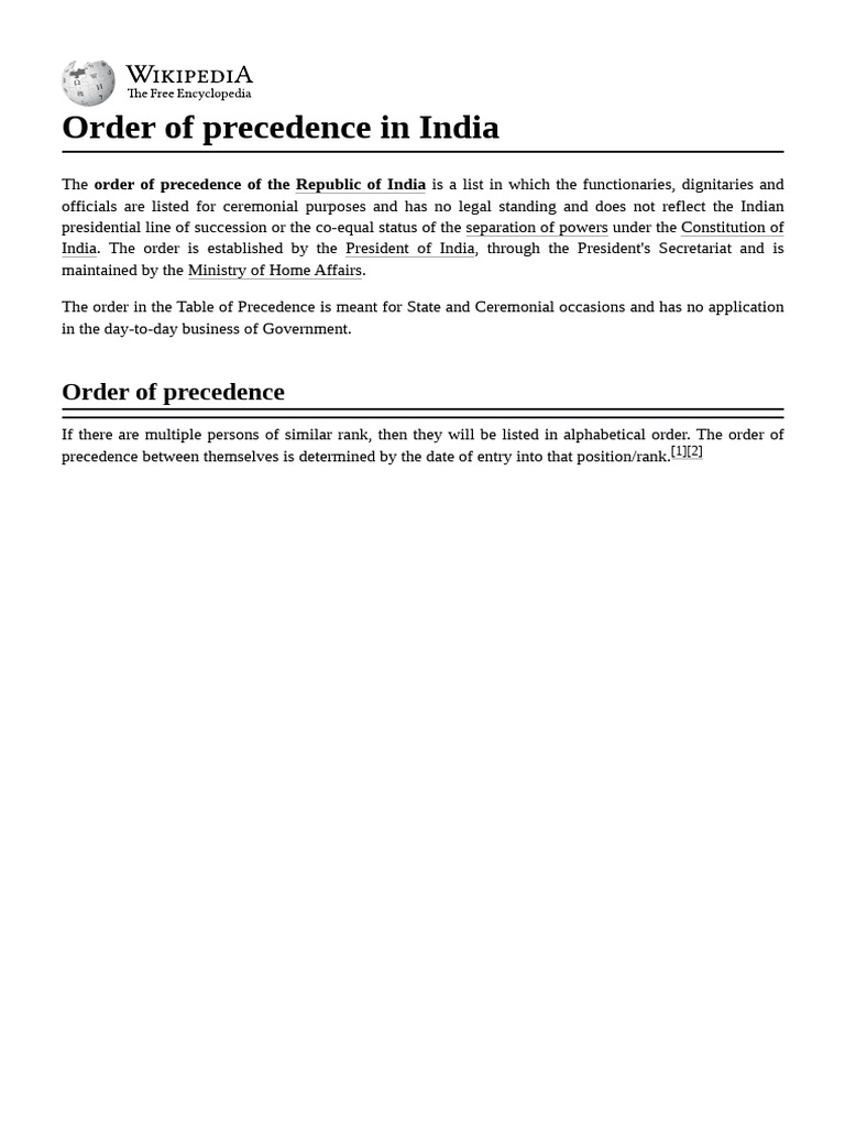Order of Precedence in India | PDF | Government Of India | Positions Of ...