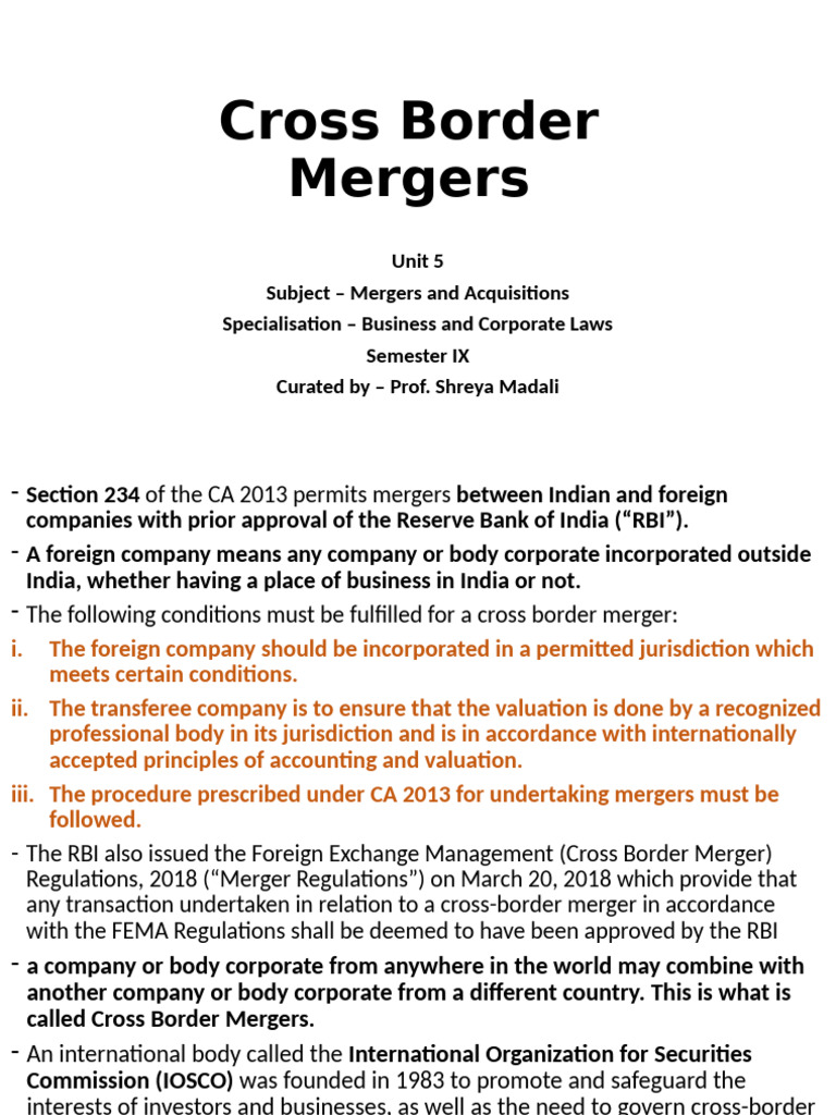 Unit 5 - Cross Border Mergers | PDF | Joint Venture | Mergers And ...