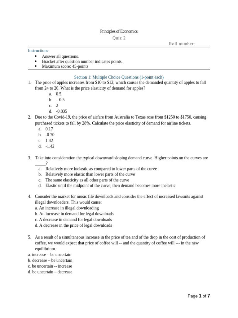 Econ 100 Quiz 2 Sec 2 Set A | PDF | Price Elasticity Of Demand | Demand