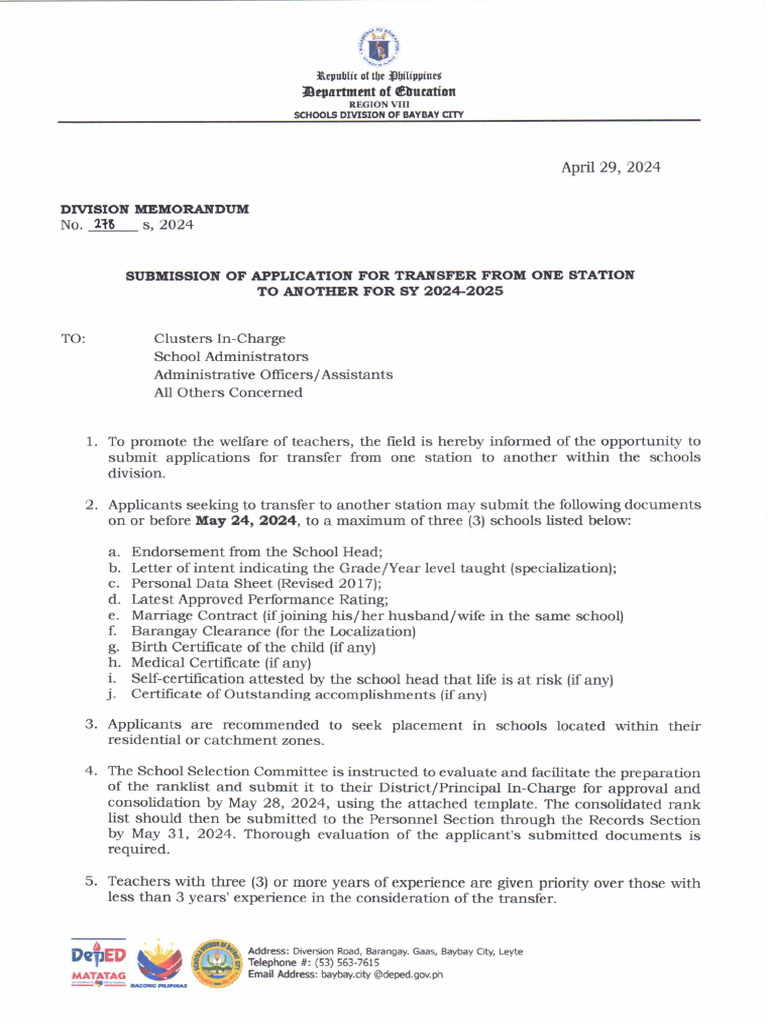 DM No 278 S. 2024 Submission of Application For Transfer From One ...