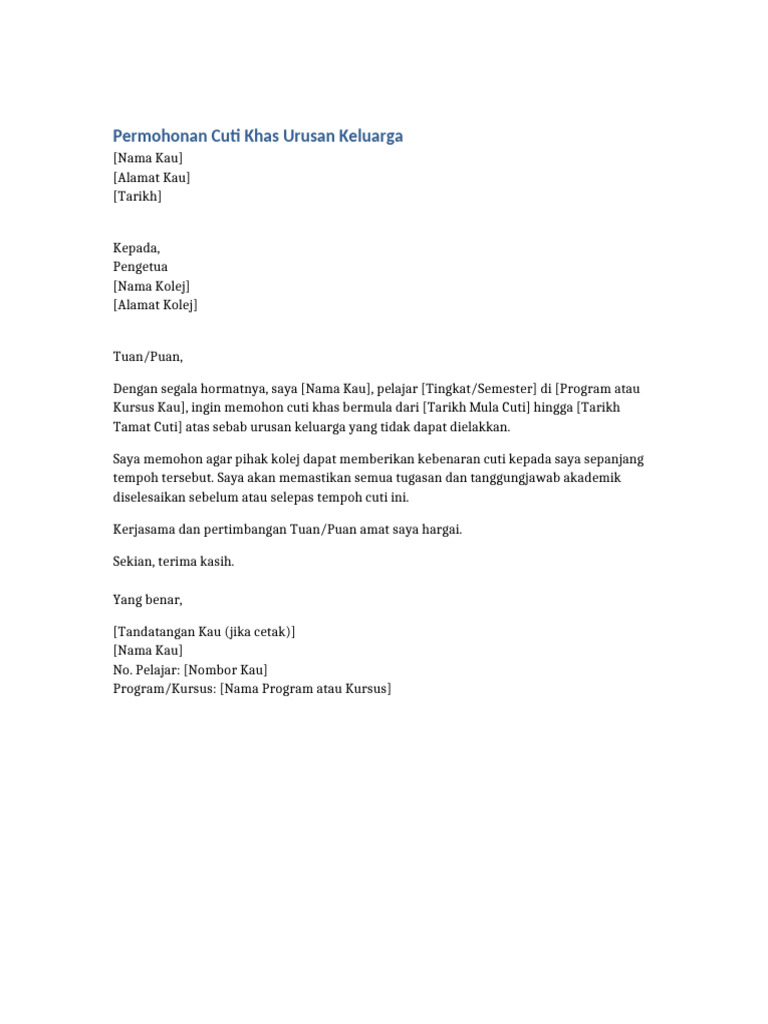 Surat Cuti Urusan Keluarga | PDF