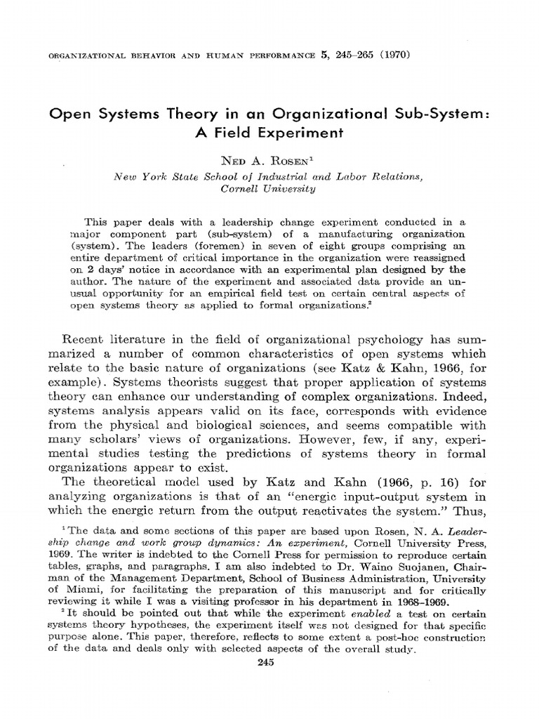 Open Systems Theory in An Organizational Su 1970 Organizational ...