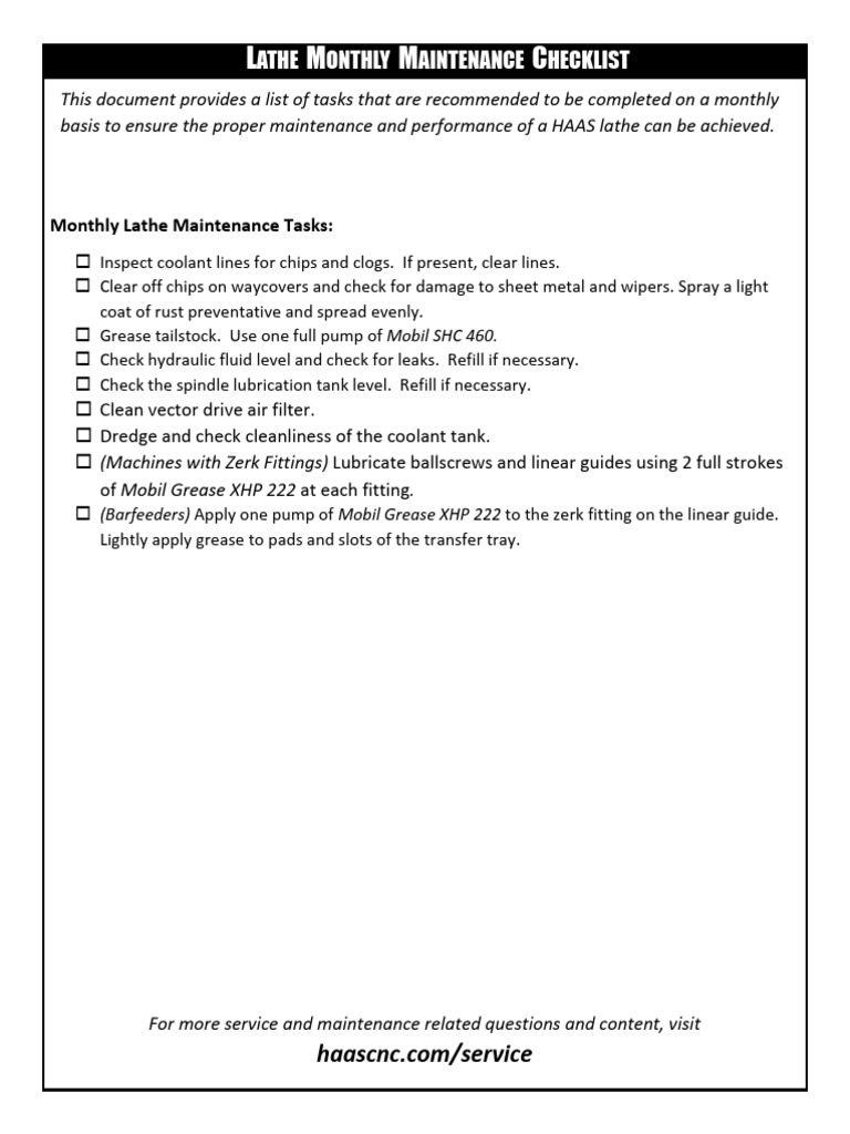 Lathe Maintenance Checklist (Monthly) | PDF | Technology & Engineering