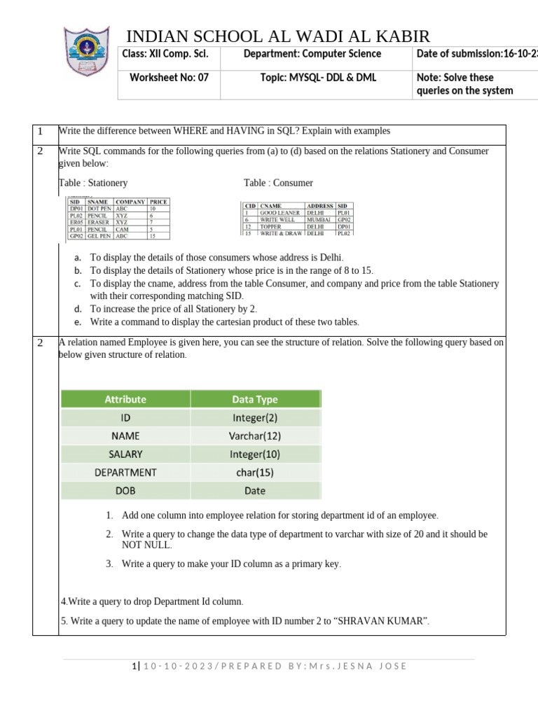 MySQL DDL & DML Worksheet for Class XII | PDF | Data | Data Model