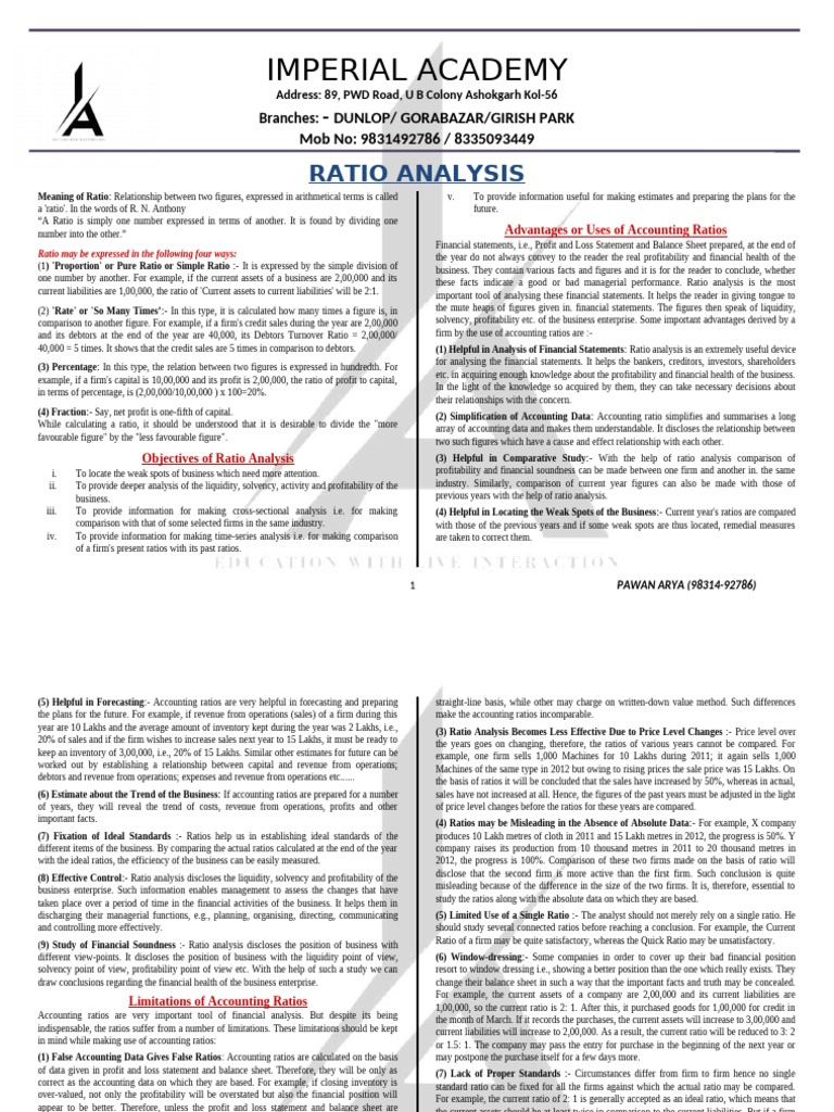 Ratio Analysis: Meaning, Objectives, and Limitations | PDF | Working ...