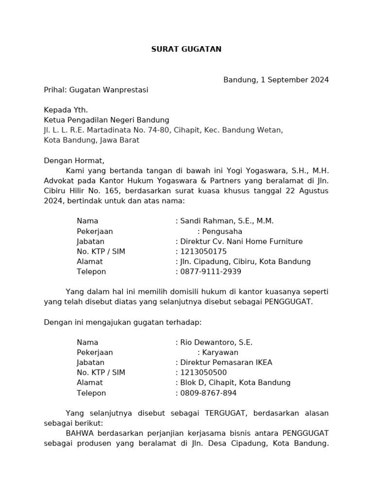 Surat Gugatan Perdata | PDF | Hukum