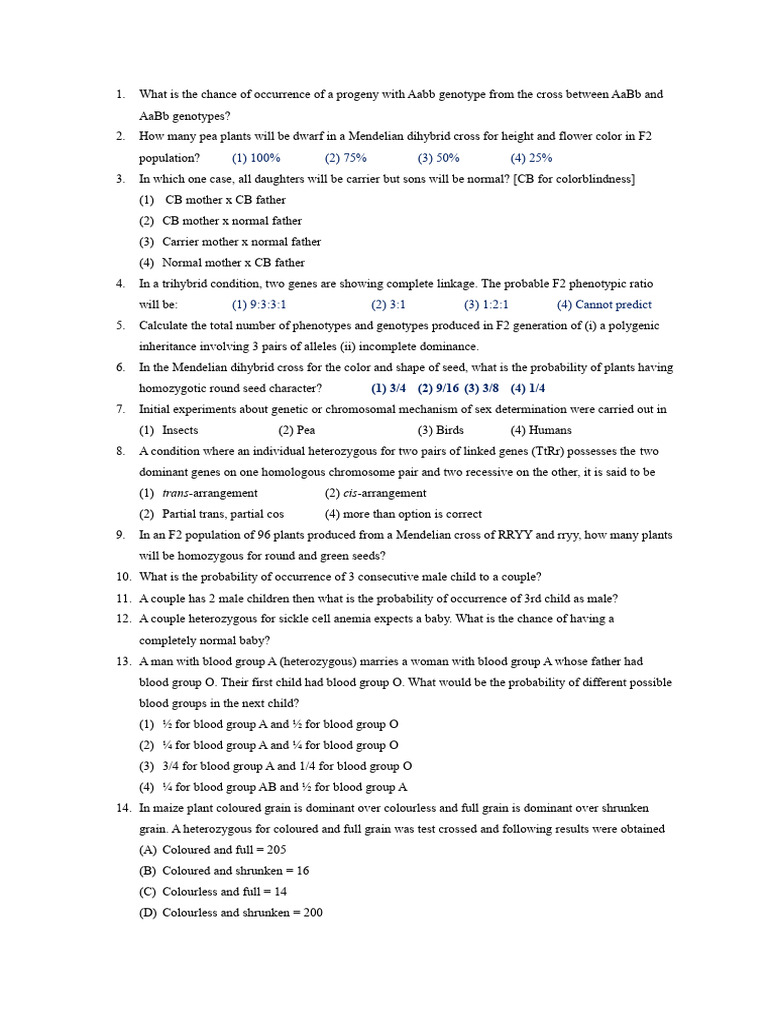 Principles of Inheritance Questions | PDF | Dominance (Genetics) | Genotype