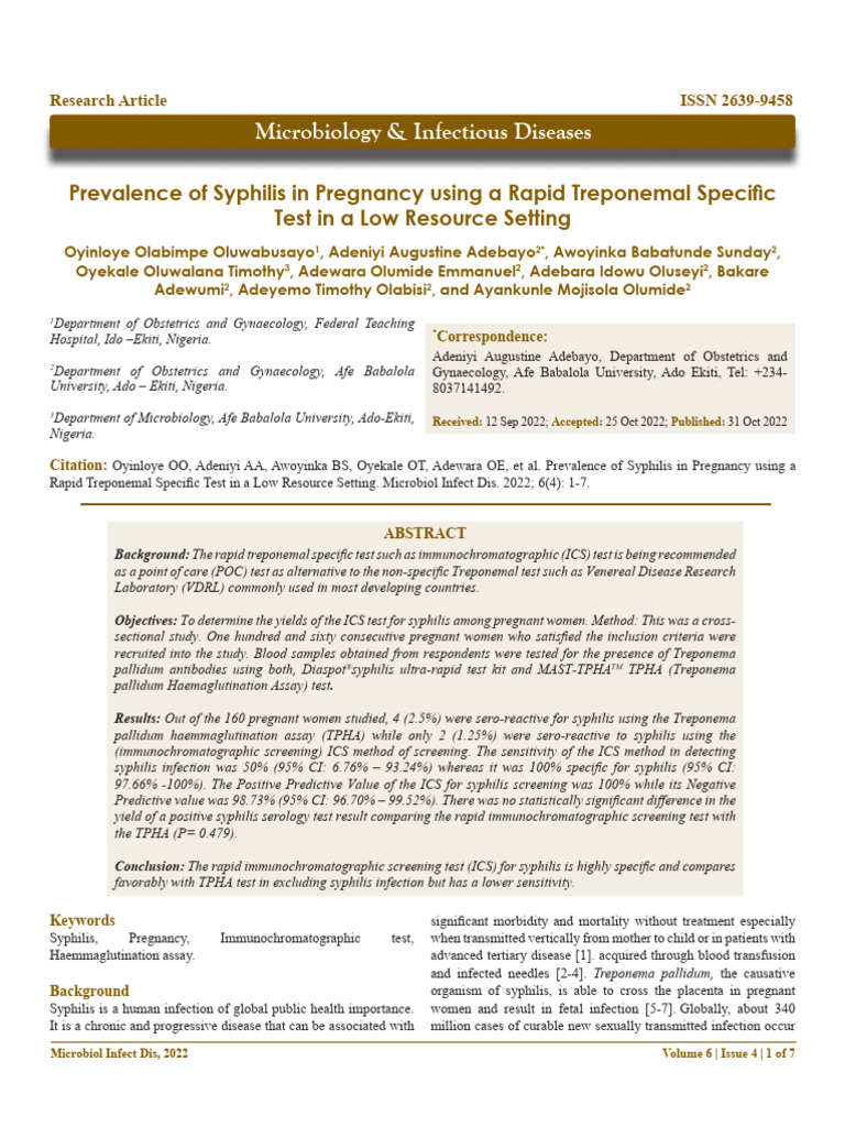 Prevalence of Syphilis in Pregnancy Using A Rapid Treponemal Specific ...