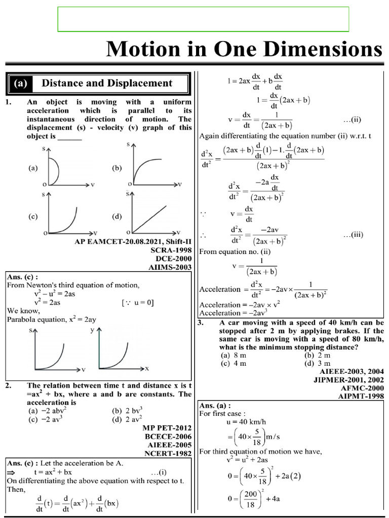 PYQS Motion in 1d | PDF